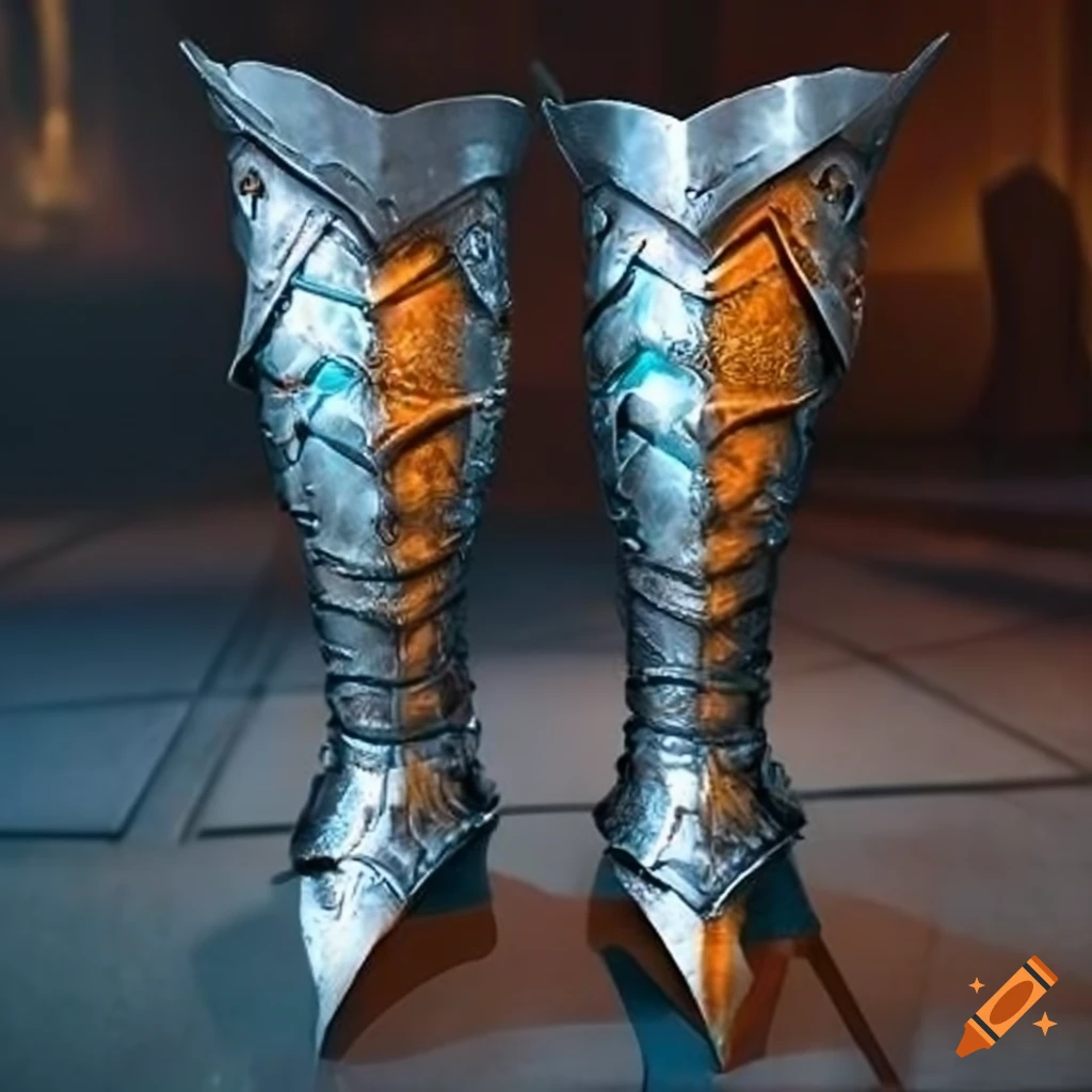 Adorned mithril plated knight boots for leg armor in a medieval fantasy ...