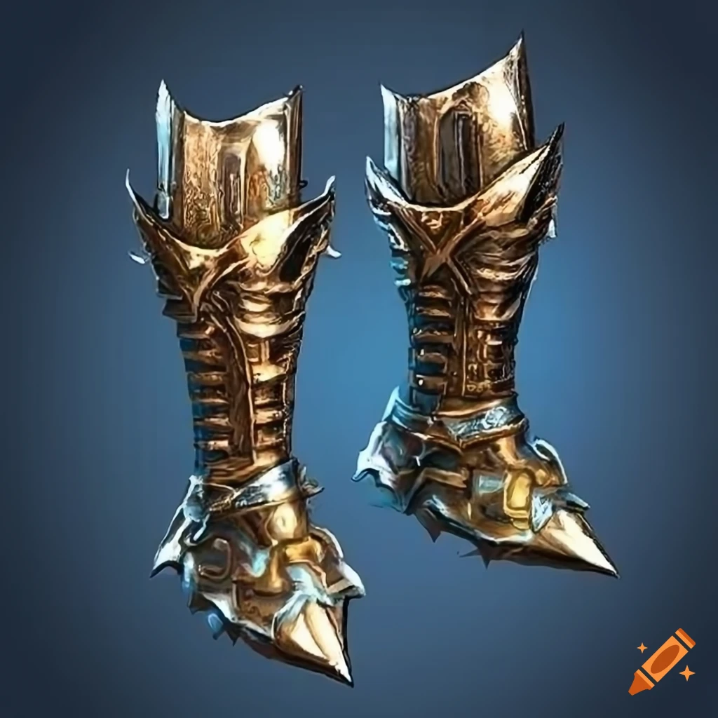Adorned mithril plated knight boots with a magic aura, item for leg ...