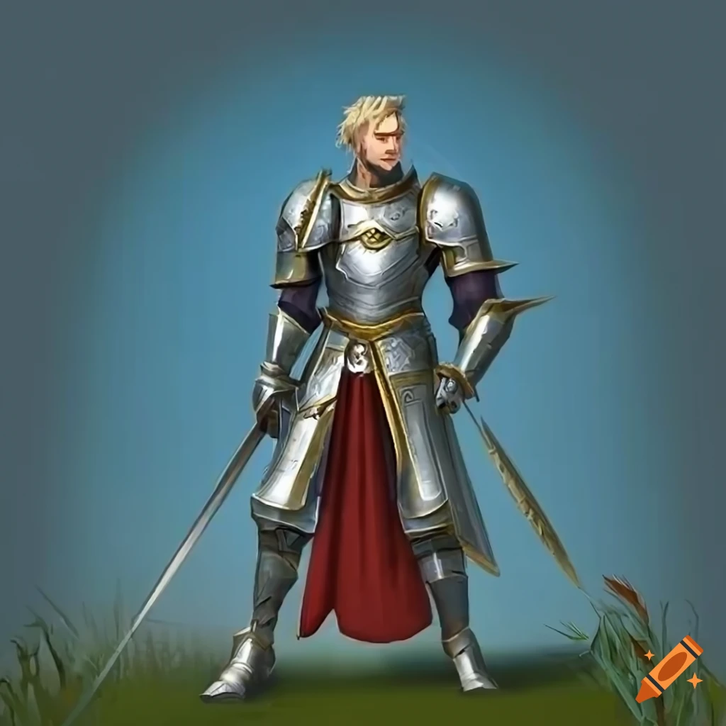 Young noble paladin standing in a meadow in silver plate armor on Craiyon