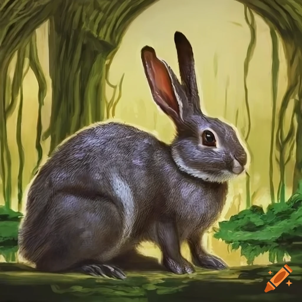 Mtg card of two identical gray rabbits in a forest near a pond on Craiyon