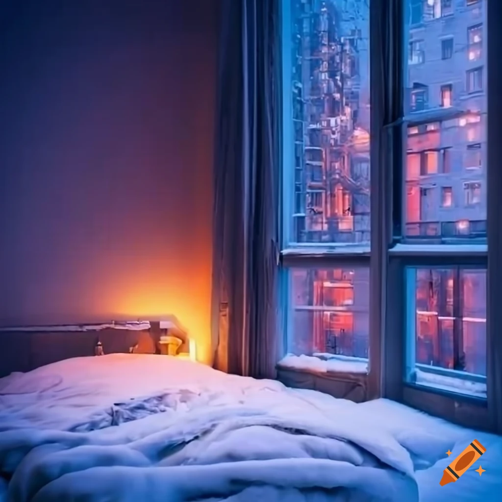 Cozy winter bedroom with large windows in a high-rise apartment ...