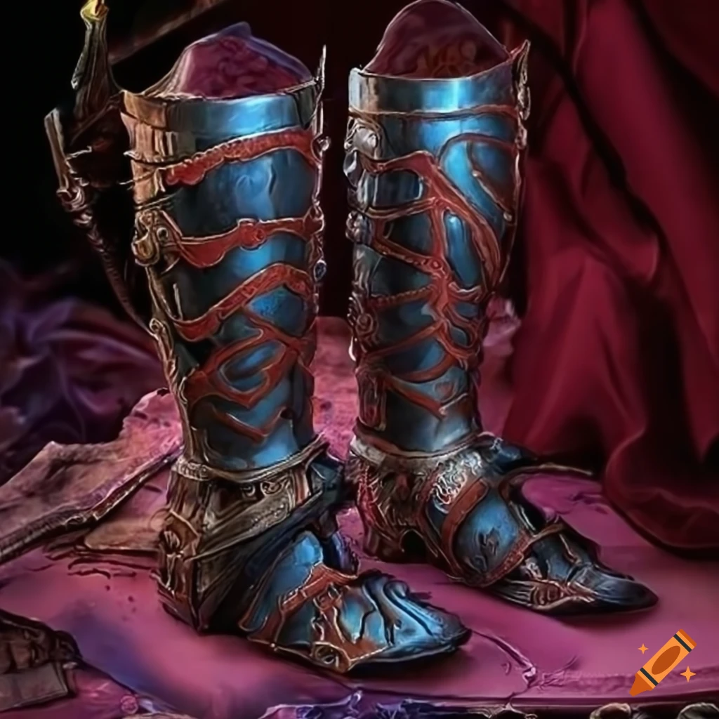 Adorned mithril plated knight boots with a magic aura, fantasy design ...