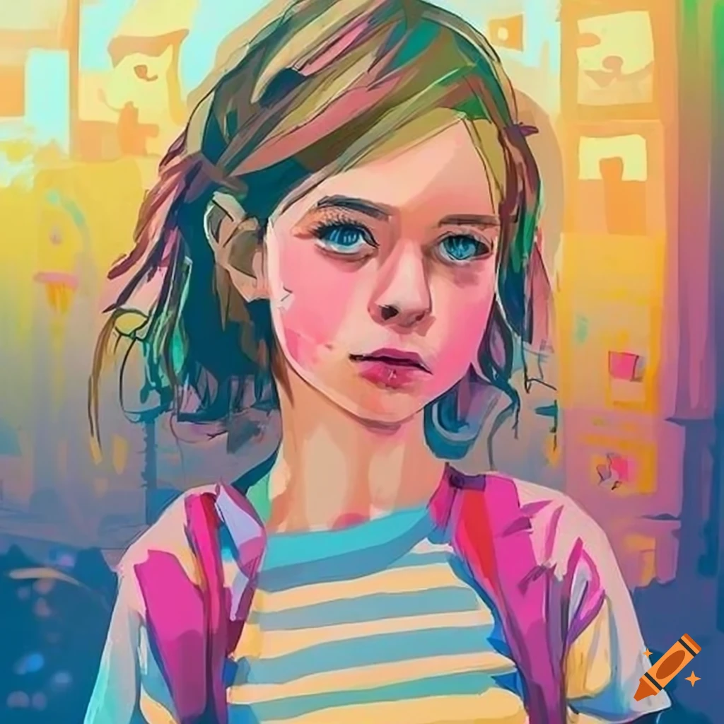 Flirtatious tween girl with beautiful face in a quaint town backdrop on ...