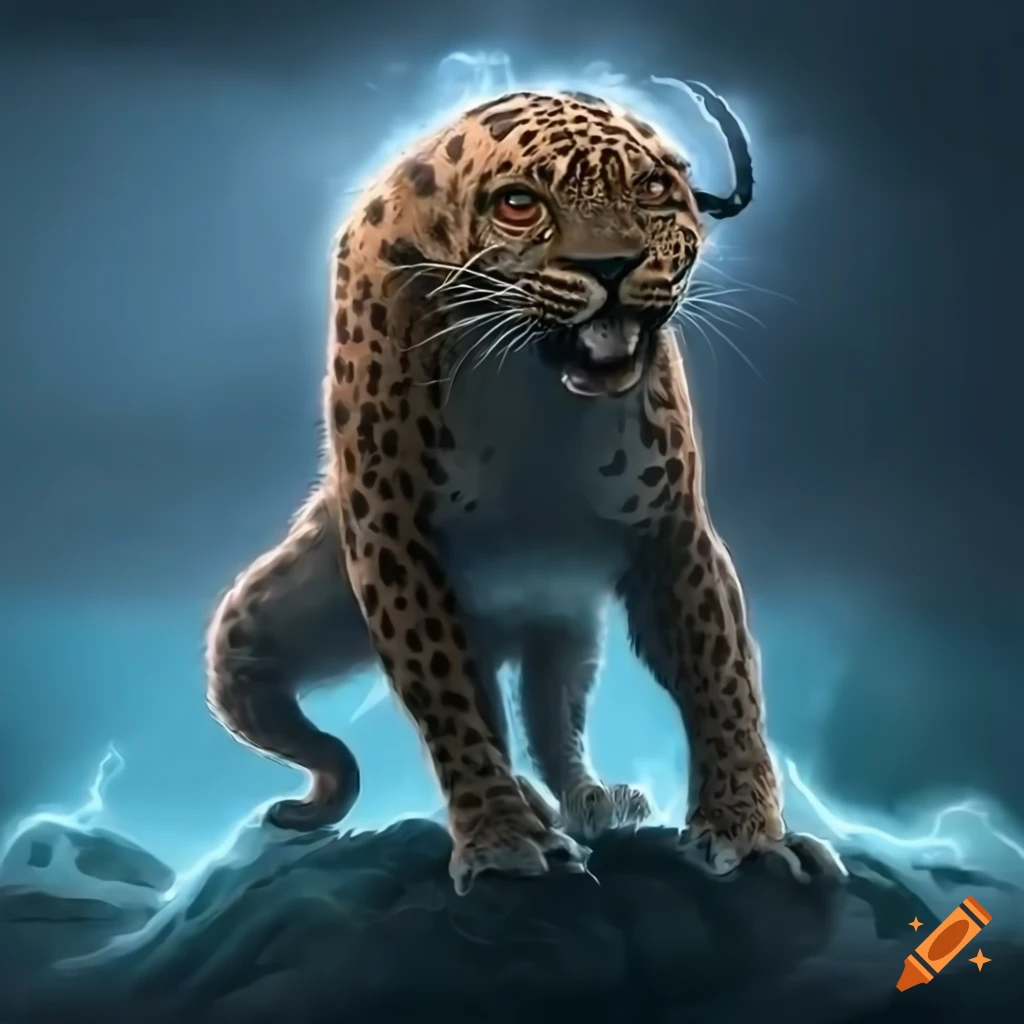 Three-headed beast with horns rising from a boiling sea under a stormy ...