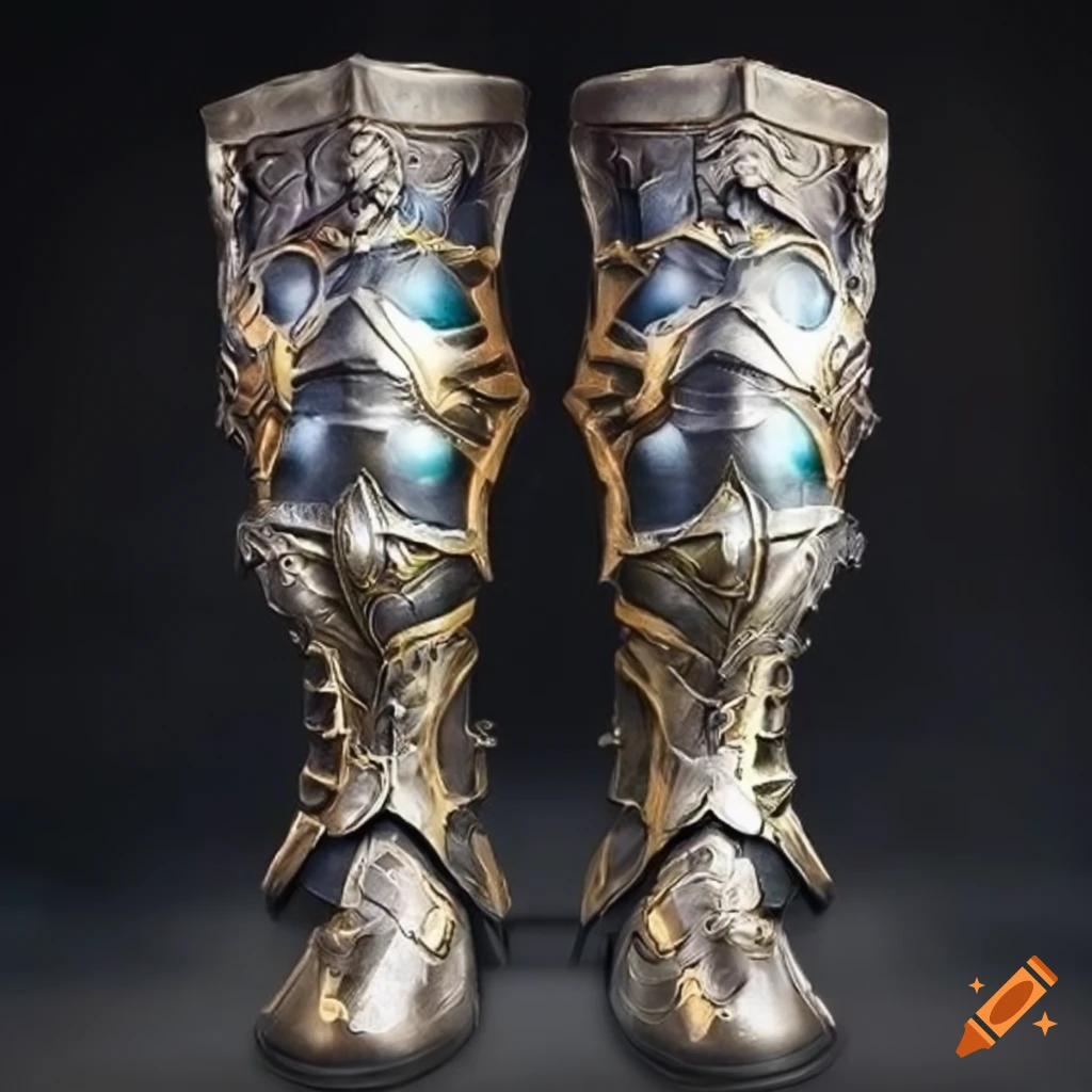 Adorned mithril plated knight boots with a magical aura for rpg leg ...