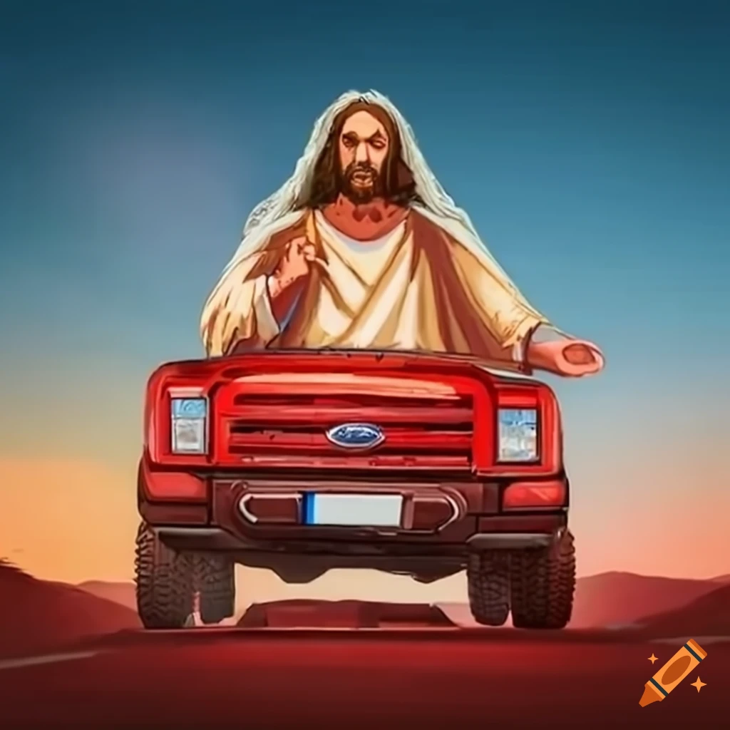Jesus portrayed as a modern cowboy driving a red Ford F-150 under a ...