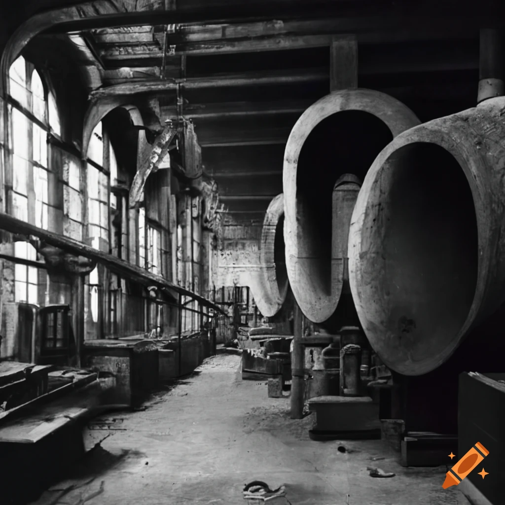 Interior of a 1930 factory with concrete pipes, metal galleries, and ...