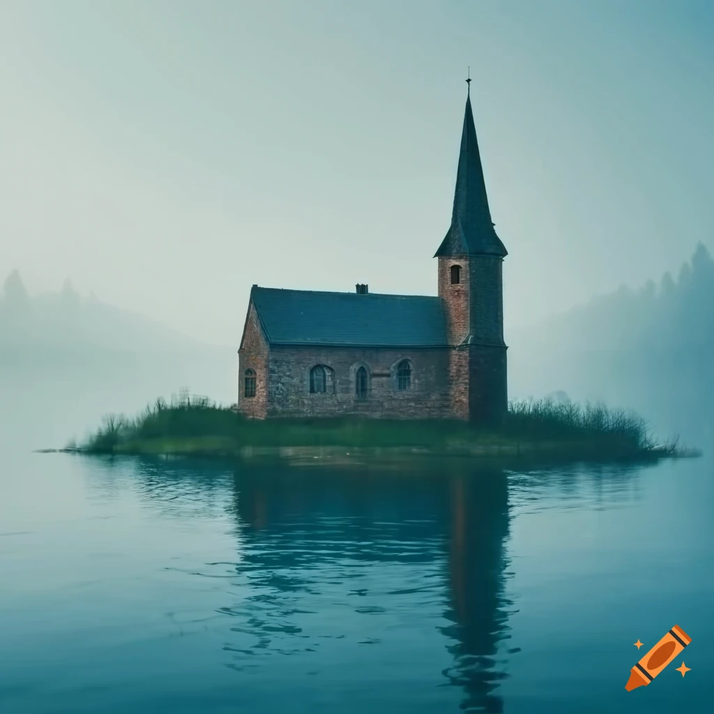 Stone brick church on a foggy lake island surrounded by mountains on ...