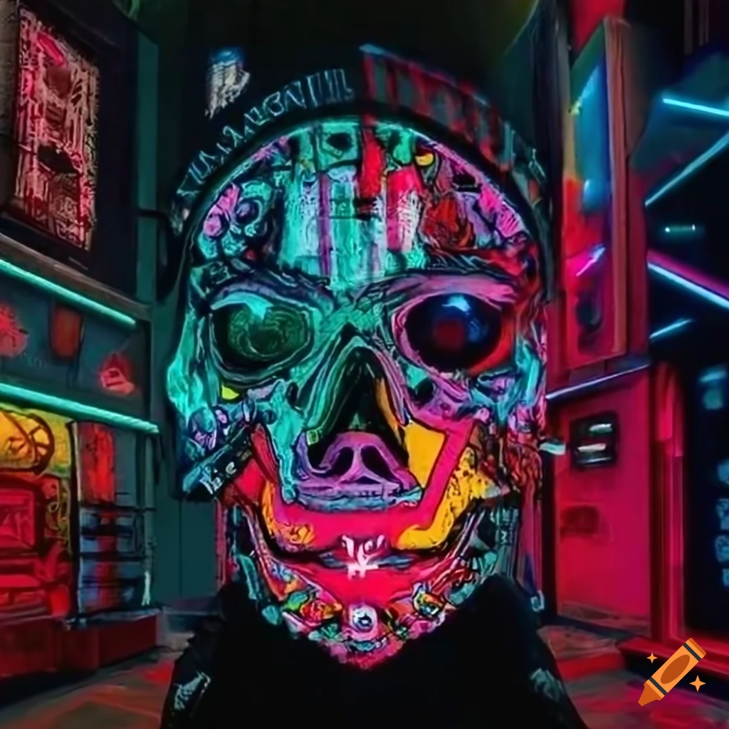 Cyberpunk graffiti of tribal patterns with skeleton warriors and neon ...