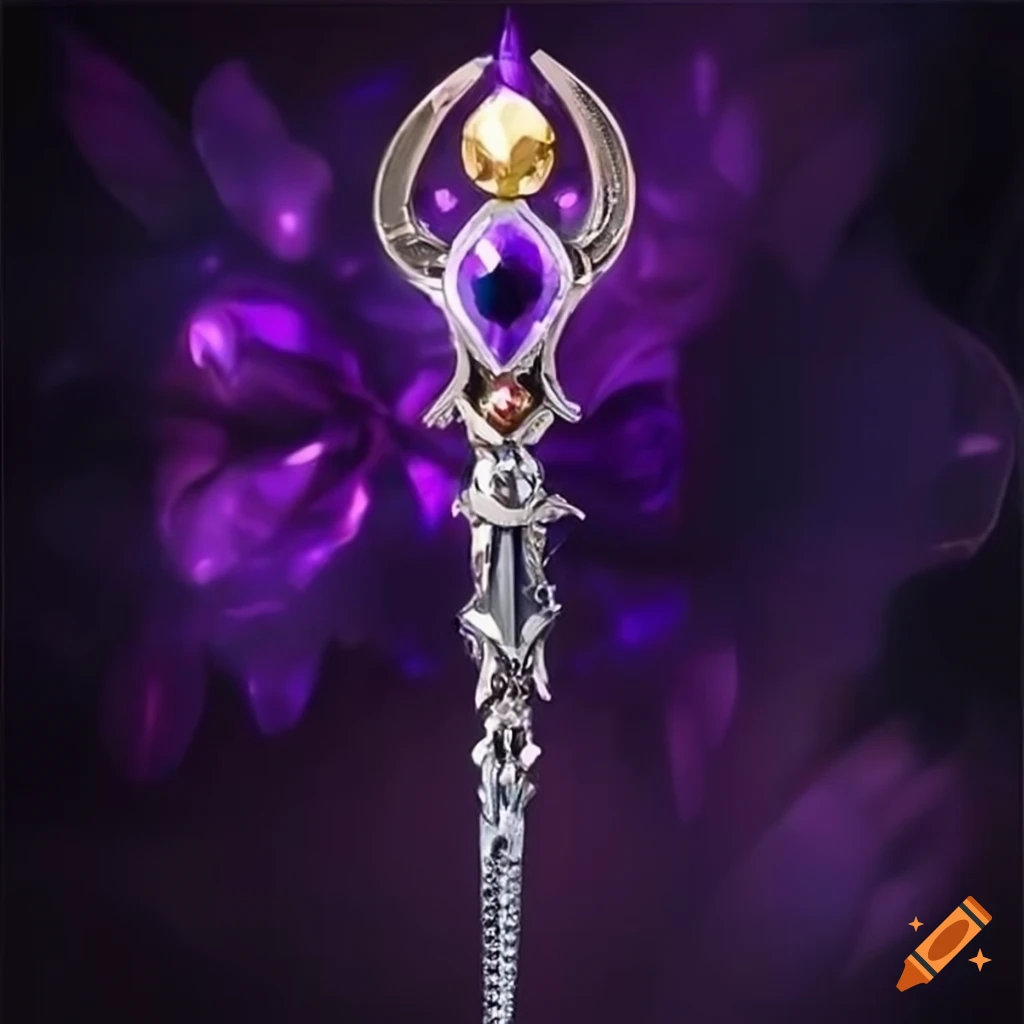 Silver royal crow scepter with large purple jewel in anime style on Craiyon