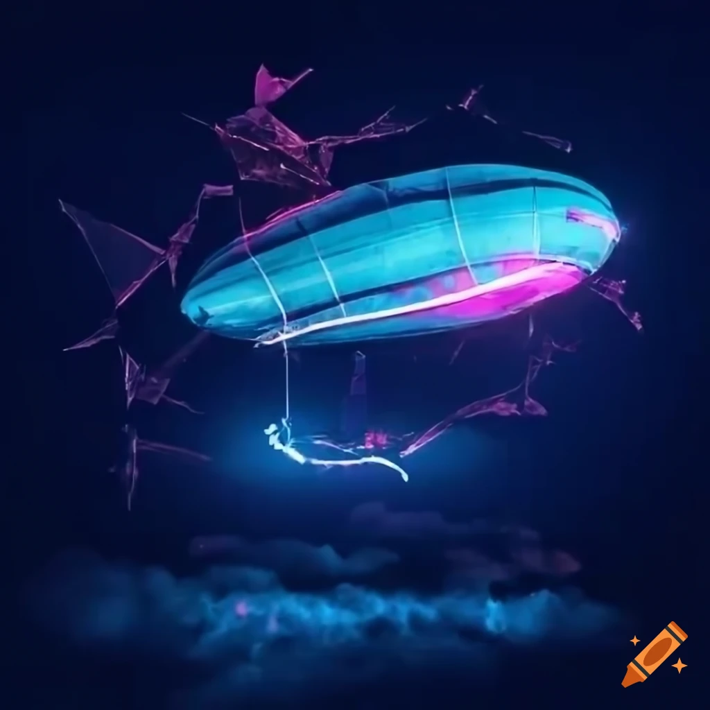 Neon lit cyberpunk airship flying over glass cloud with lightning in ...