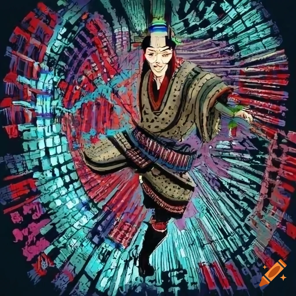 Hacker samurai escaping a digitized matrix in ukiyo-e style on Craiyon