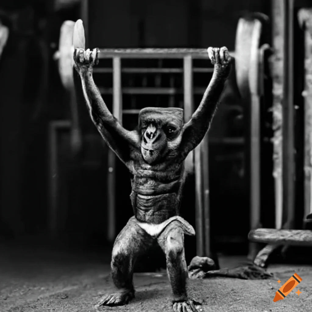 Strong chimpanzee doing bench press in the gym on Craiyon