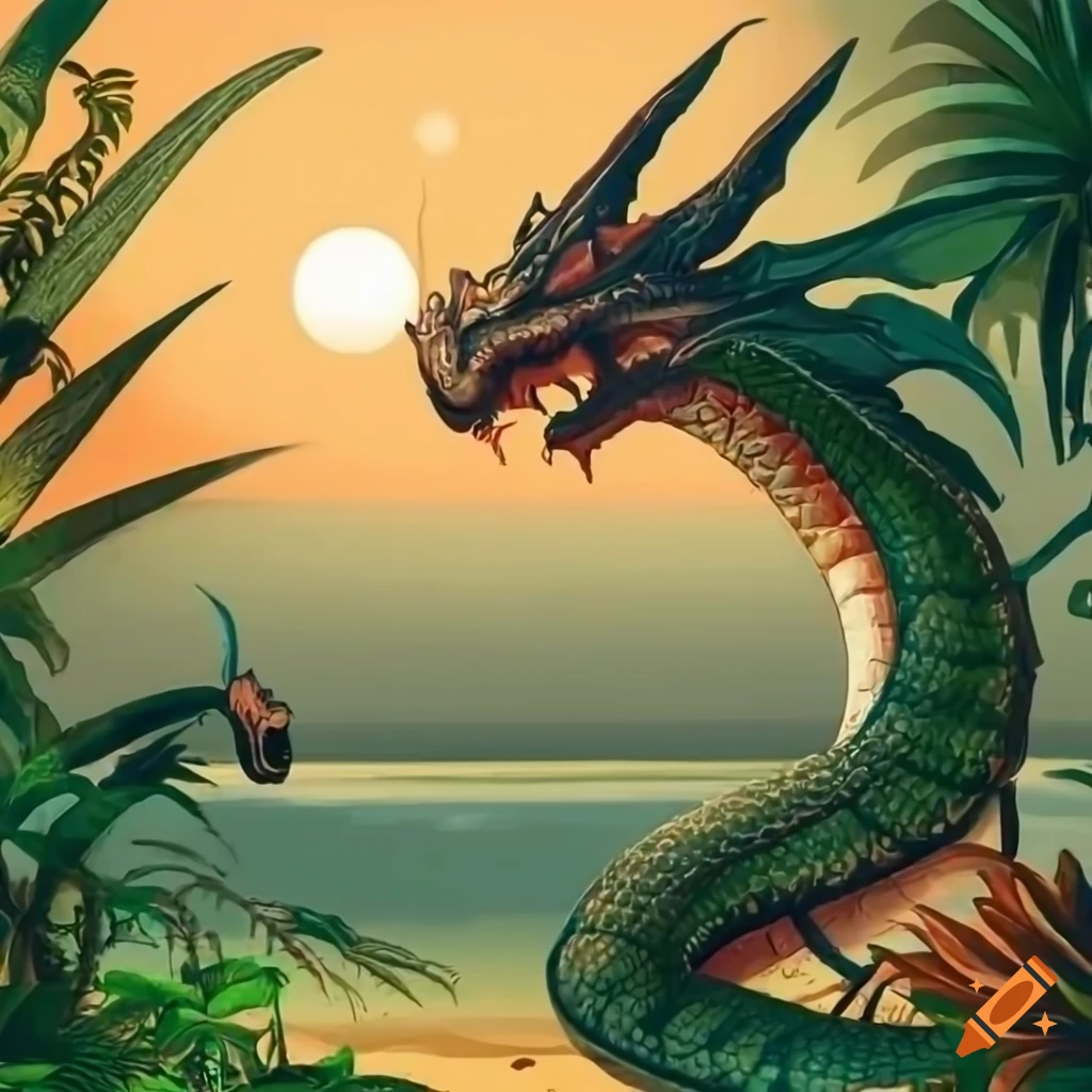 Massive statue of dragon, scorpion, turtle, and snake in lush jungle ...