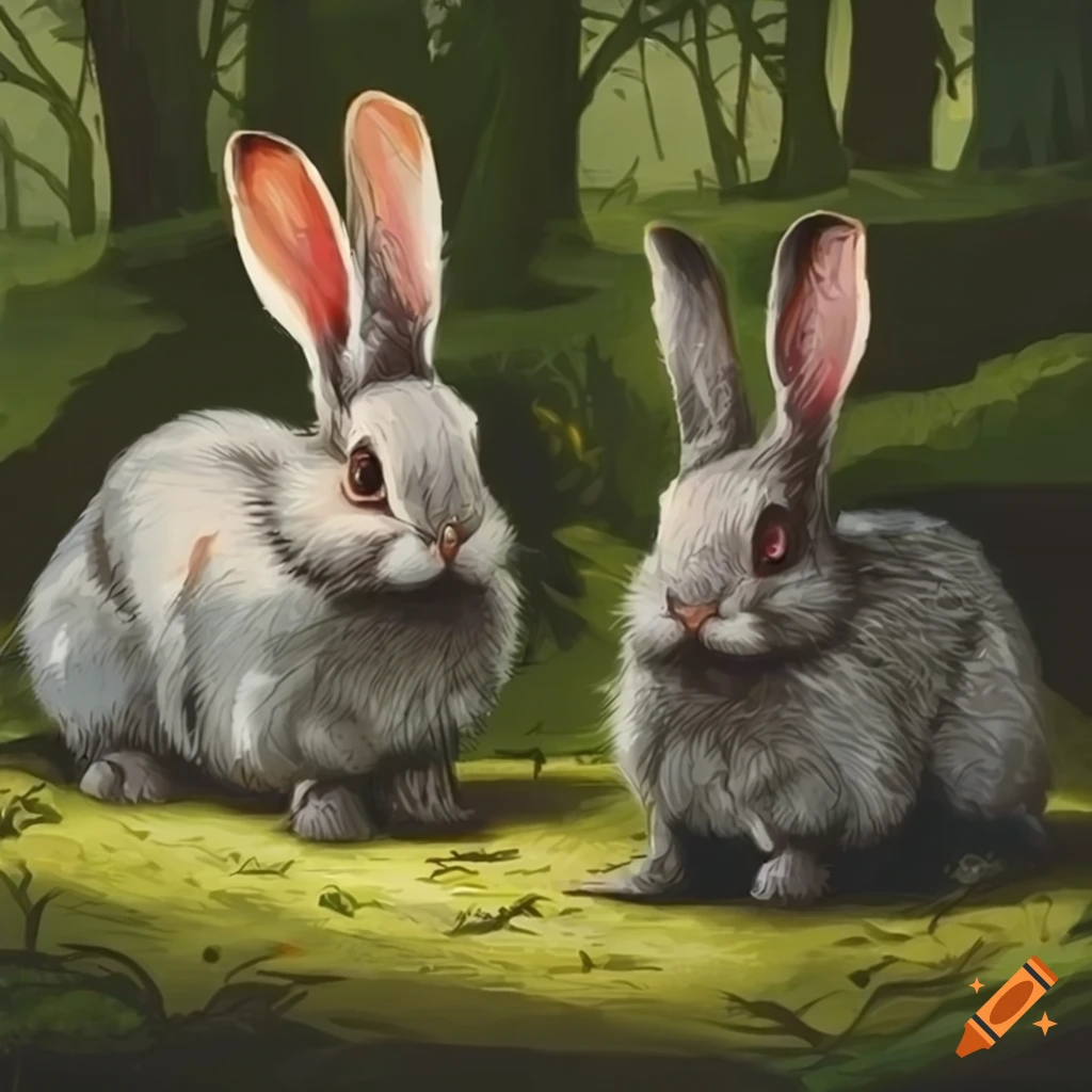 MTG card of two identical gray rabbits in a forest near a pond on Craiyon