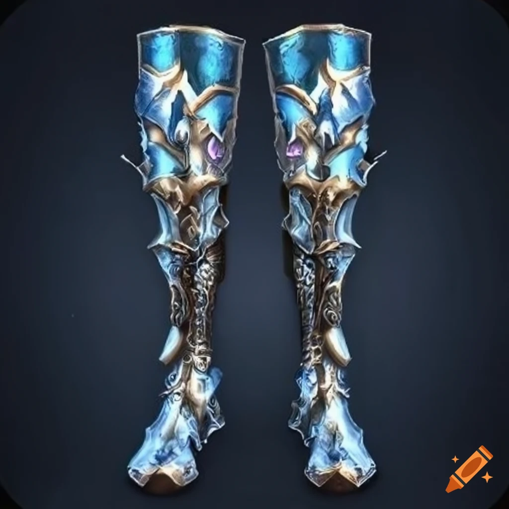 Pair of adorned mithril plated knight boots with a magic aura for rpg ...