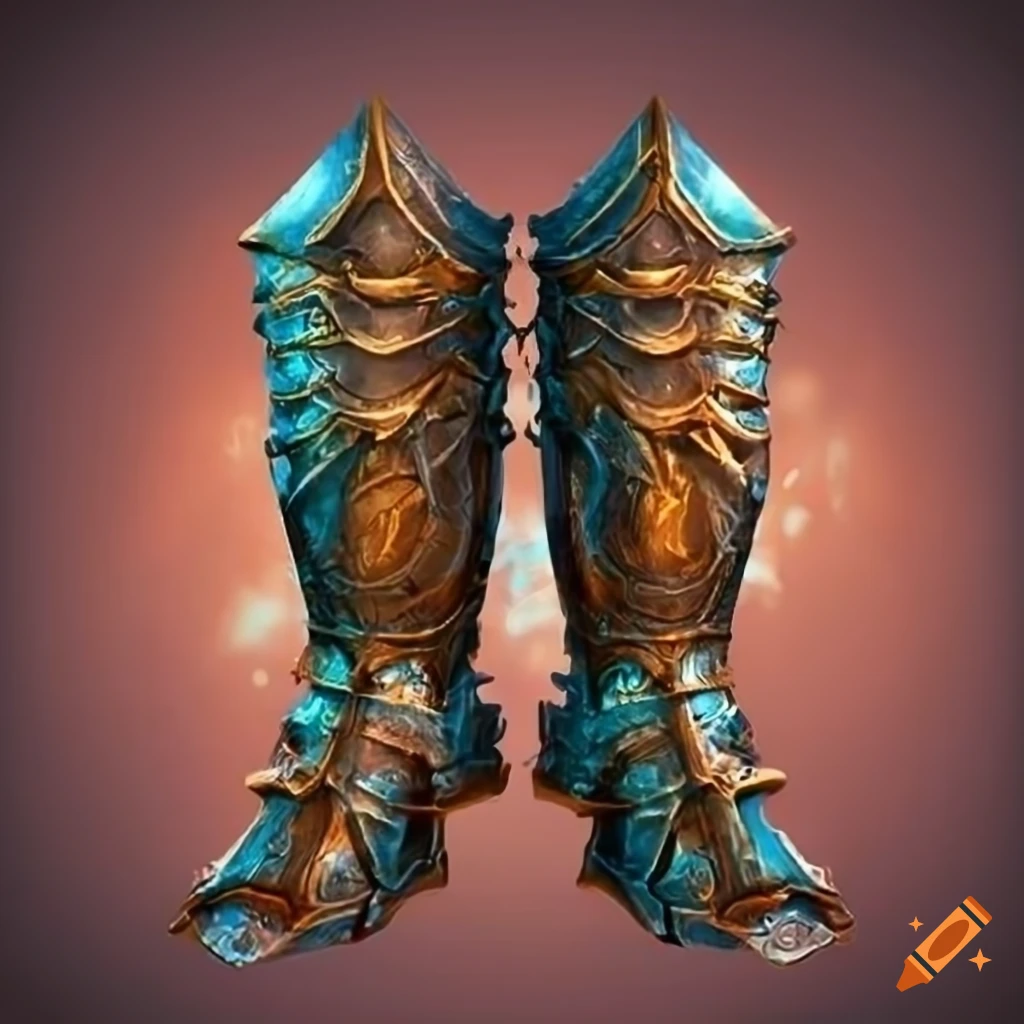 Medieval pair of adorned mithril plated knight boots with a magic aura ...