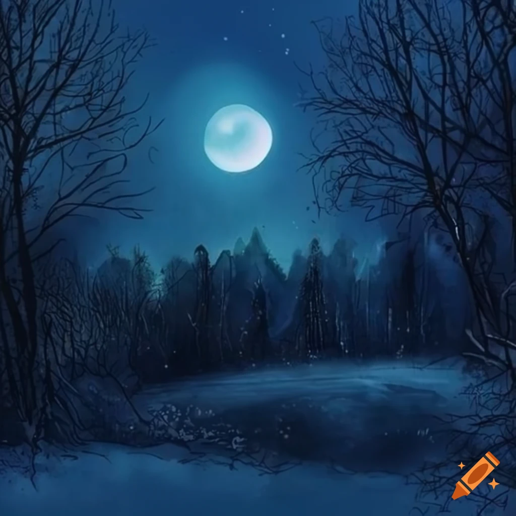 Beautiful snowy night scene in a drawing on Craiyon