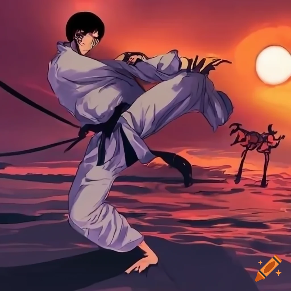 Karate fight in Tokyo with a strong male character battling a monster ...