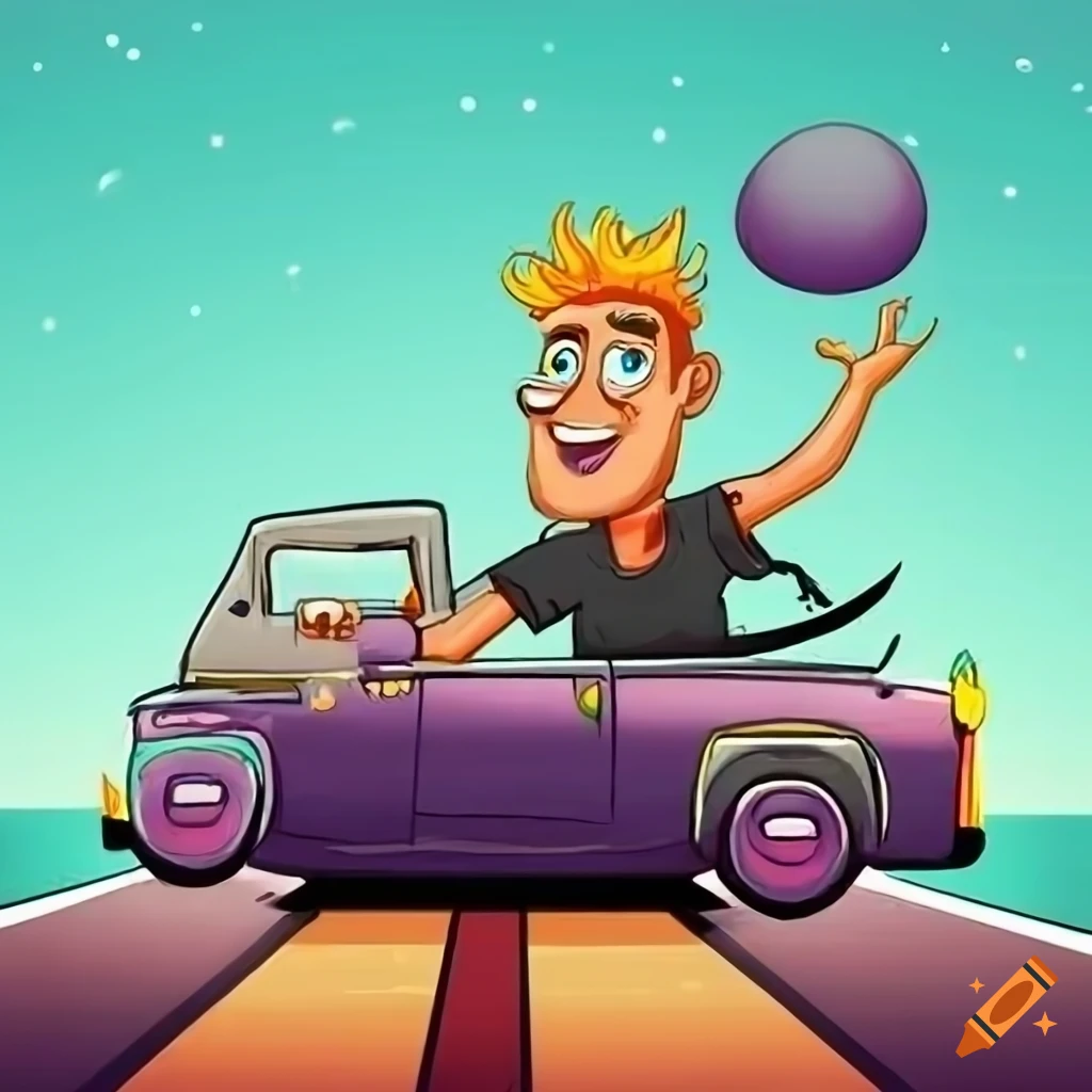 Cool adventurous driver on the highway in cartoon art style on Craiyon