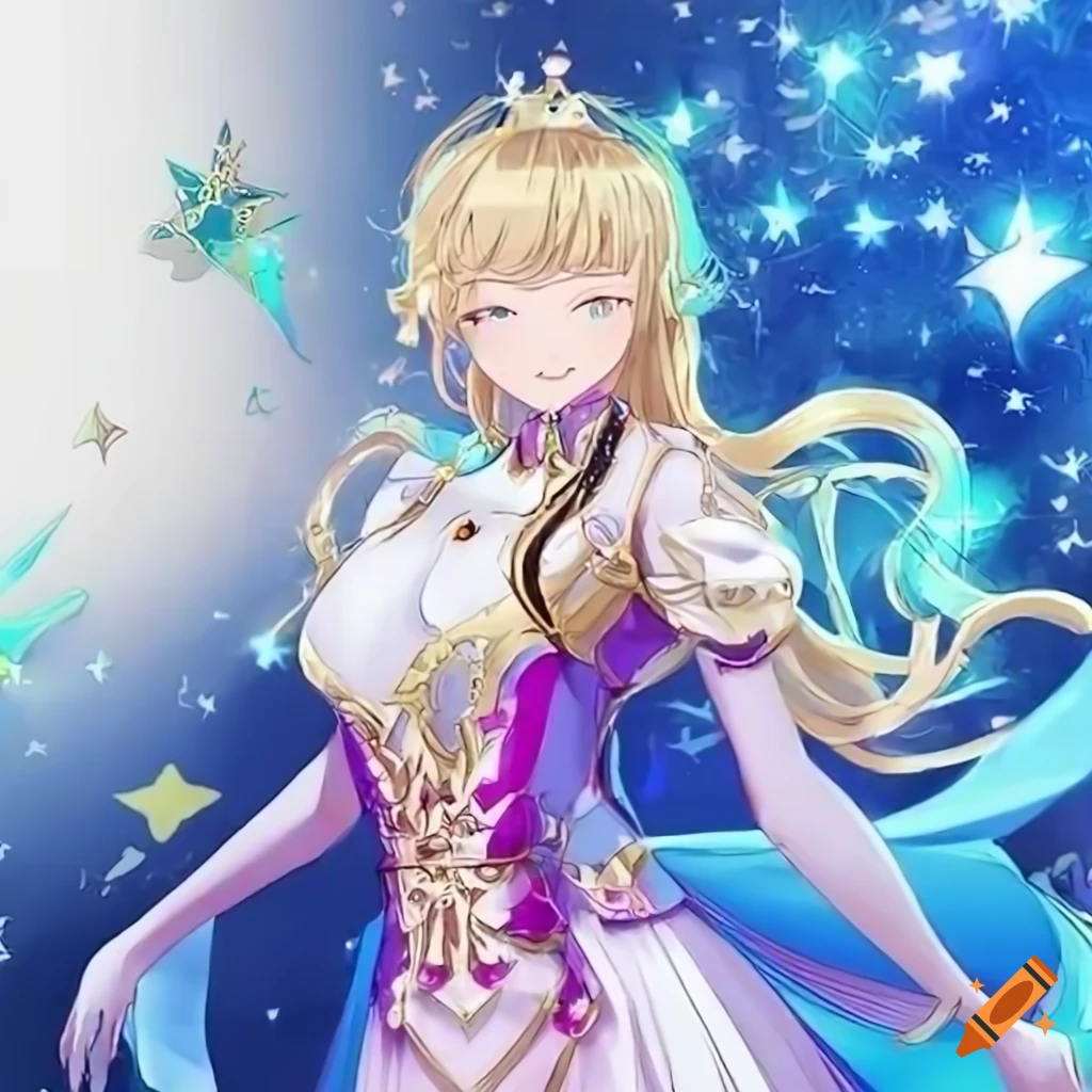 Anime-style lady with hair like shiny stars and regal princess uniform ...