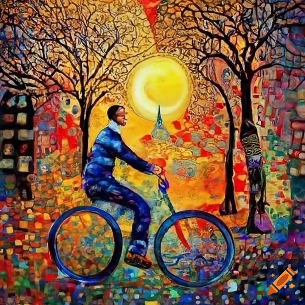 Epic supernatural patchwork art featuring a man riding a bicycle into the sunset on Craiyon
