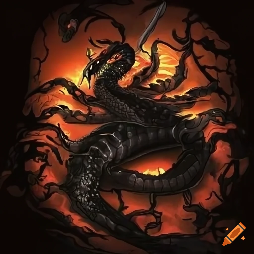 Mystic animal combining turtle, dragon, scorpion, and snake in a dark ...