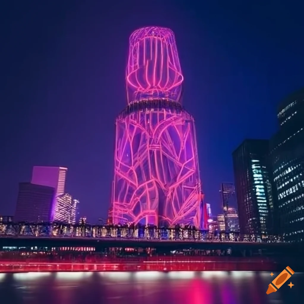High-tech skyscraper glowing above a modern metropolis with vibrant ...