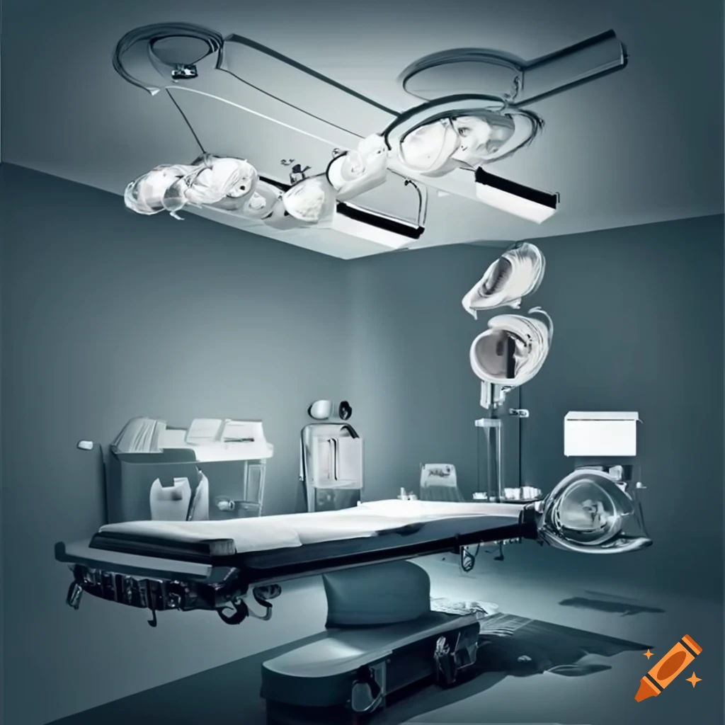 Detailed black and white drawing of a modern operating room with ...