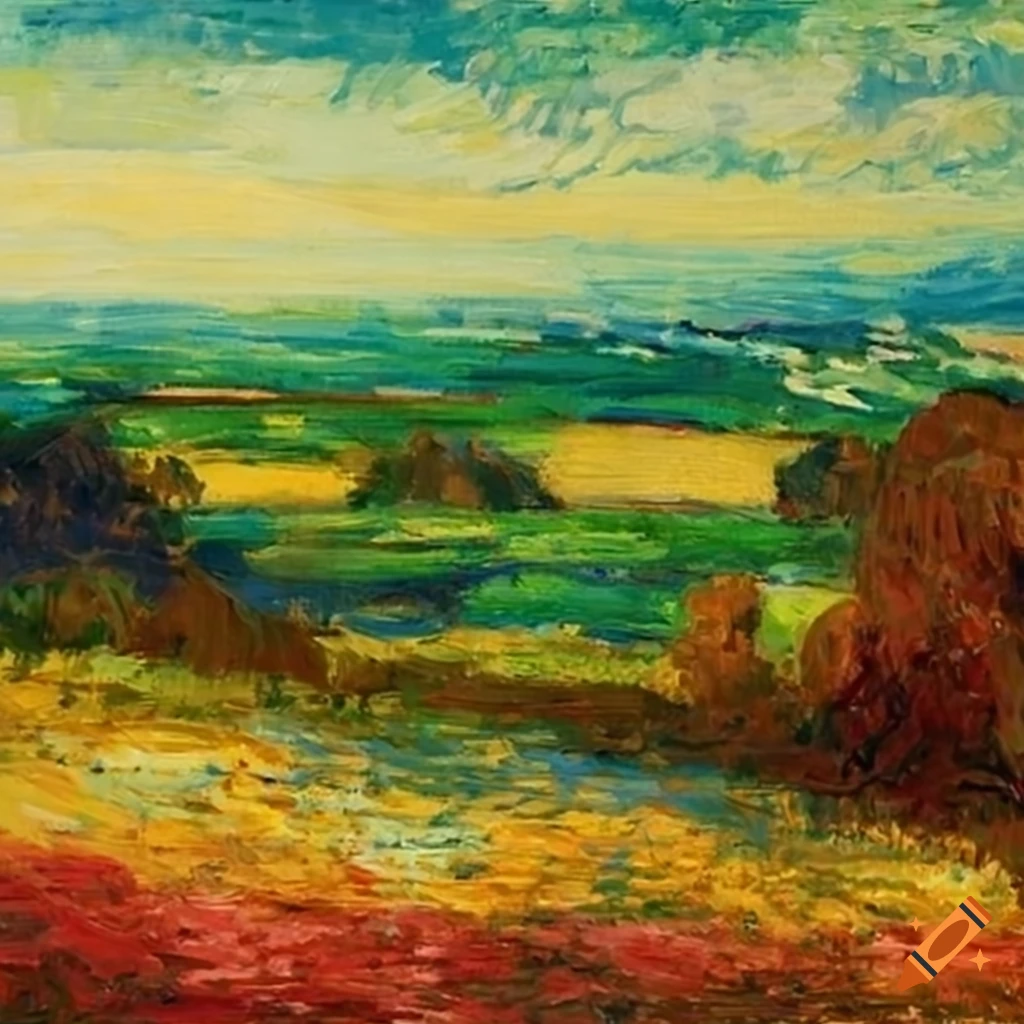 Impressionist landscape painting with hills in bloom and a road through ...