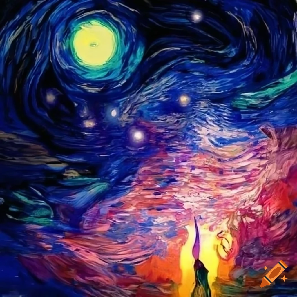 Abstract van gogh style surrealism with sun, sky, clouds, and sea on ...