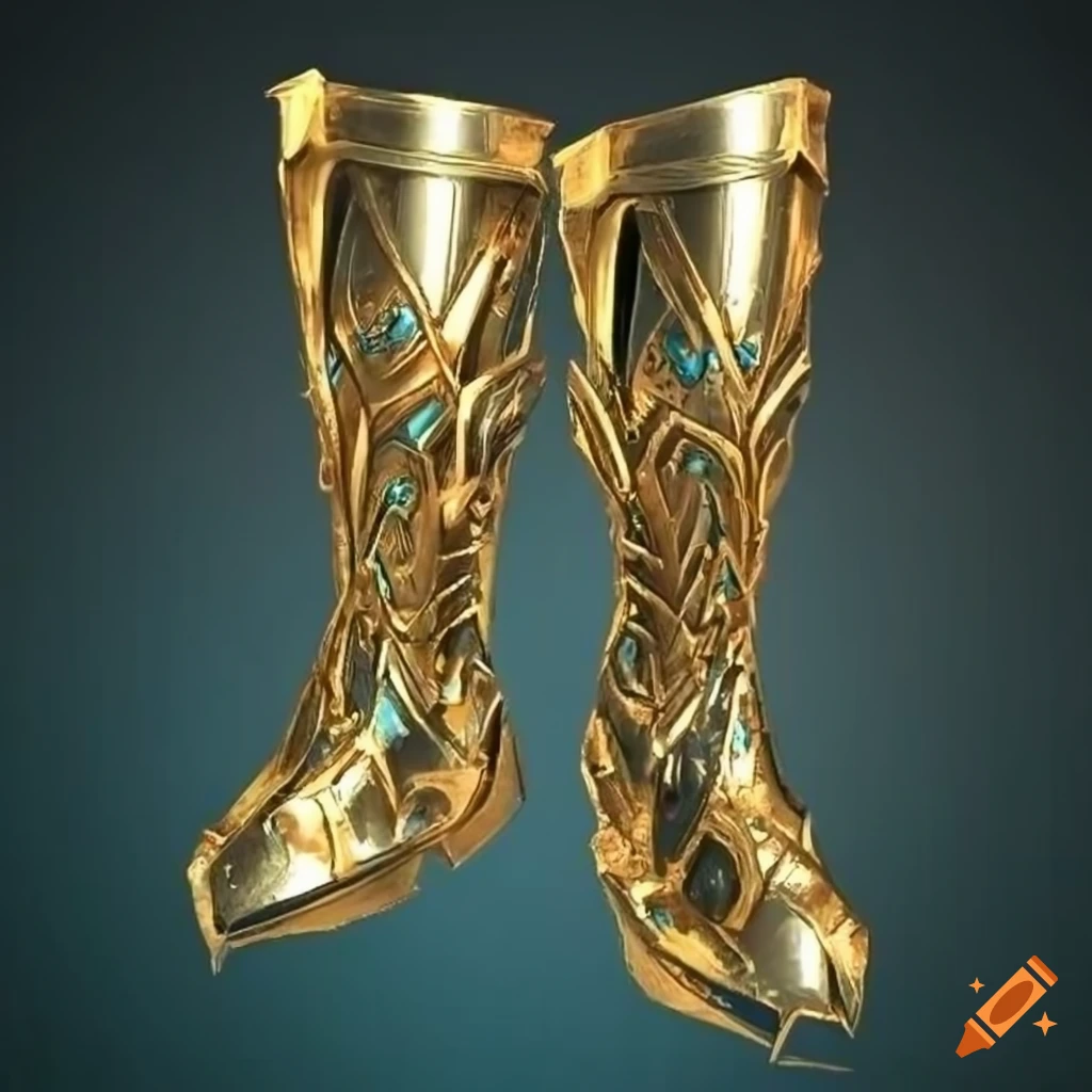 Adorned mithril plated knight boots with a magical aura for rpg leg ...
