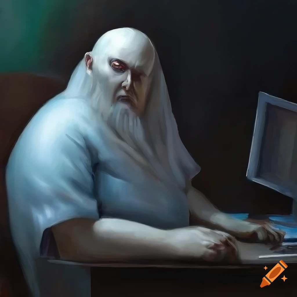 Obese bald man with long beard in sci-fi jumpsuit at his desk in a ...