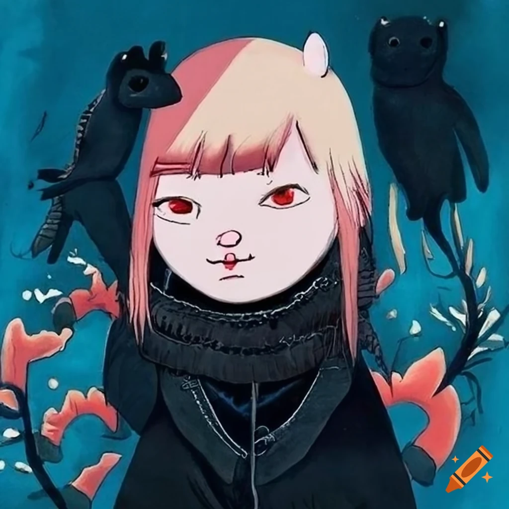 Nikifor Krynicki's drawing of goth Marin Kitagawa with a possum on Craiyon