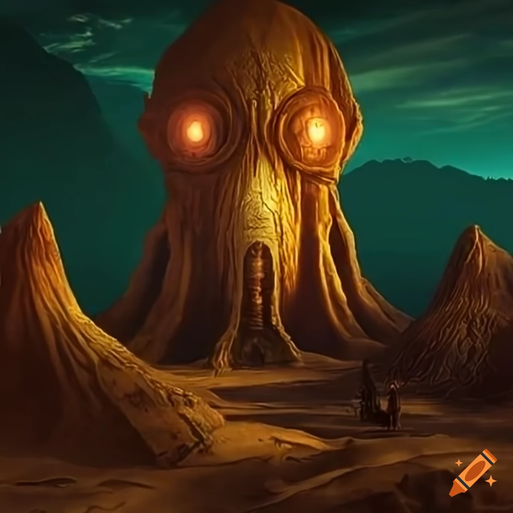 Deserted alien planet with a cthulhu mythos temple. dark green ...