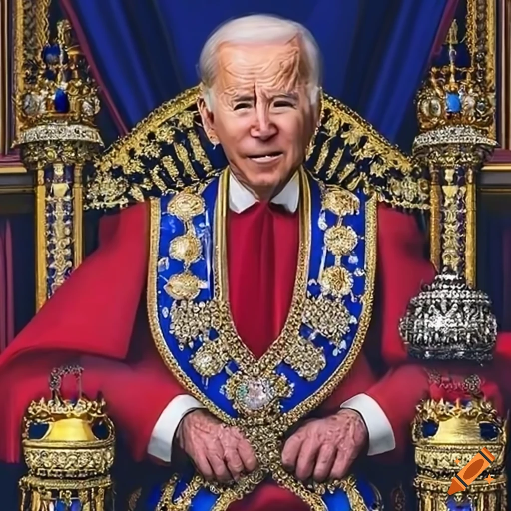 King Biden with crown, robes, and staff in a satirical portrayal on Craiyon