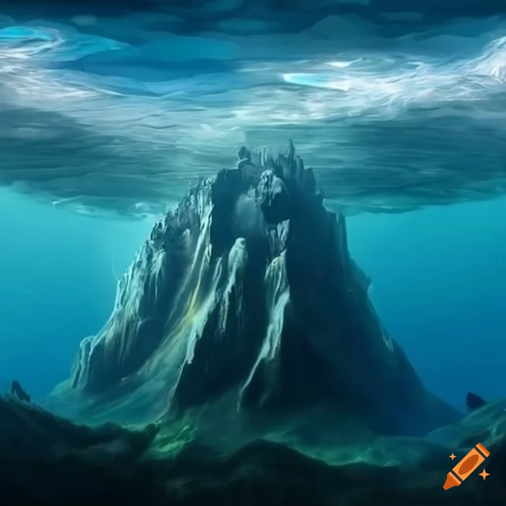 Gigantic underwater mountain with smaller peaks above water in a ...