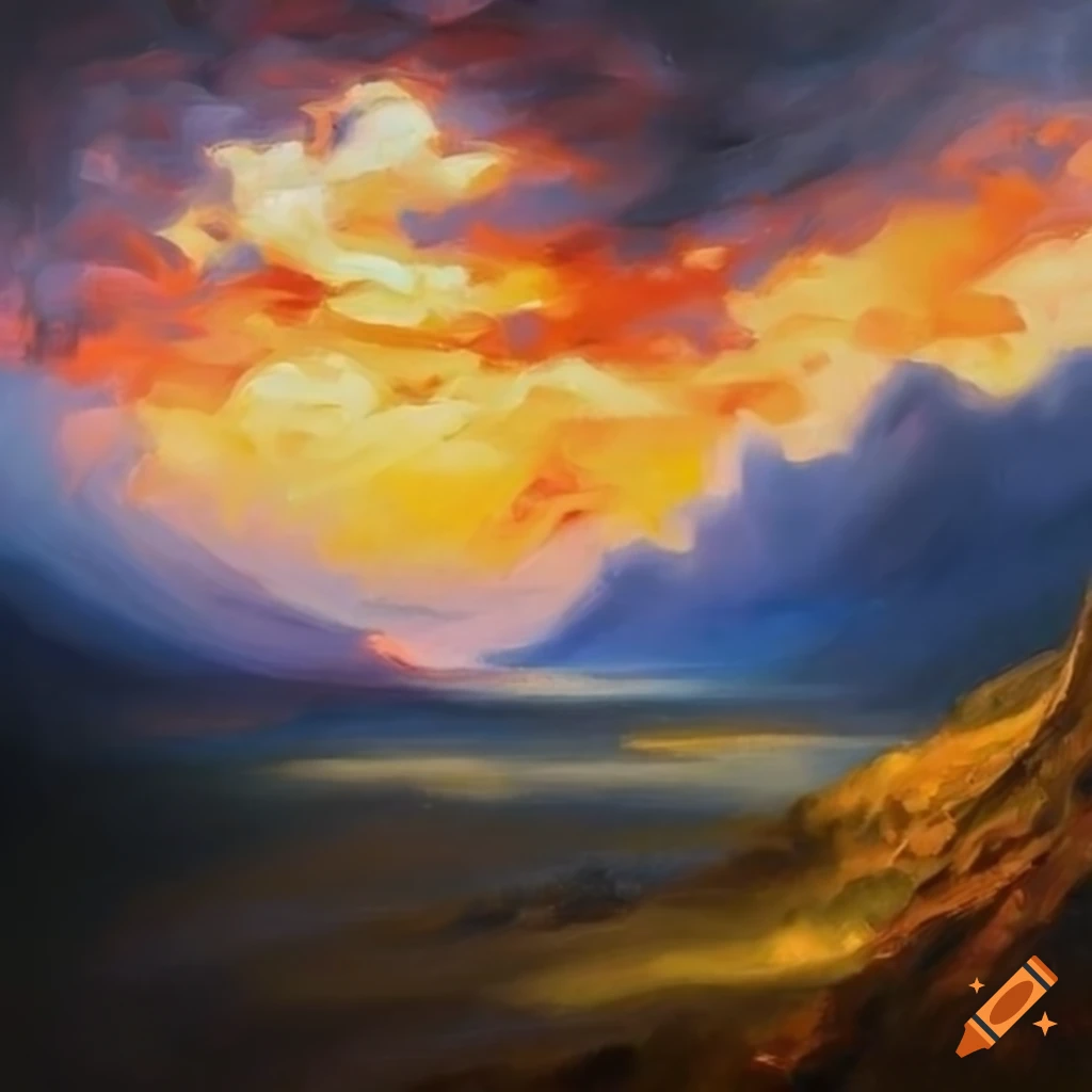 Dramatic oil painting of a vast valley with an approaching storm and a ...