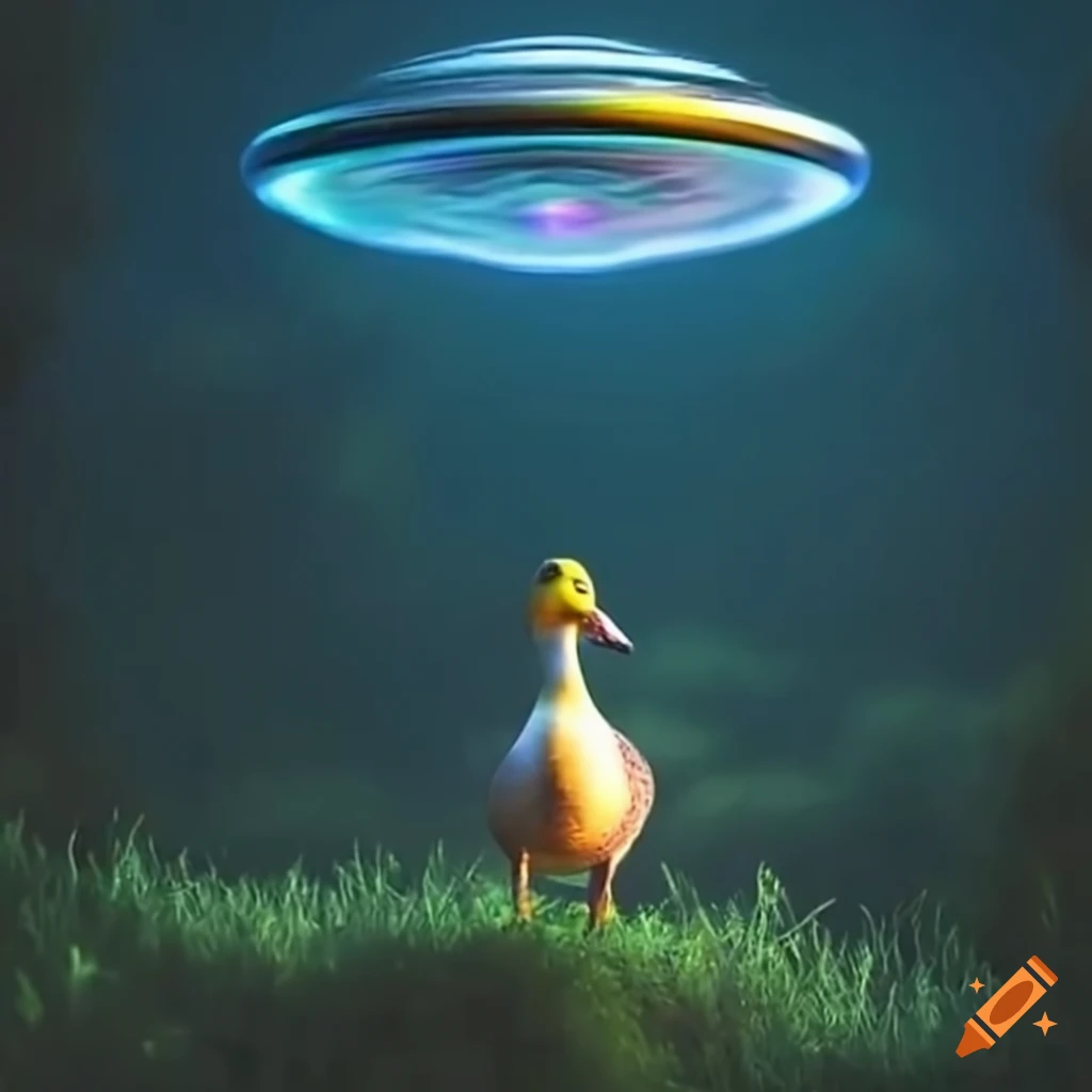 Duck being beamed up by a UFO over a forest at night on Craiyon