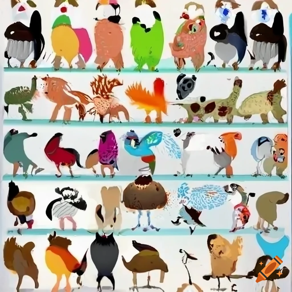 Colorful animal kingdom with eagle, dragon, fox, dog, lamb, penguin ...