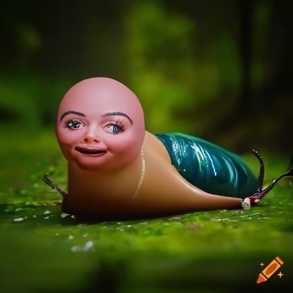 Inflatable plastic slug with katy perry's face crawling in mossy forest ...