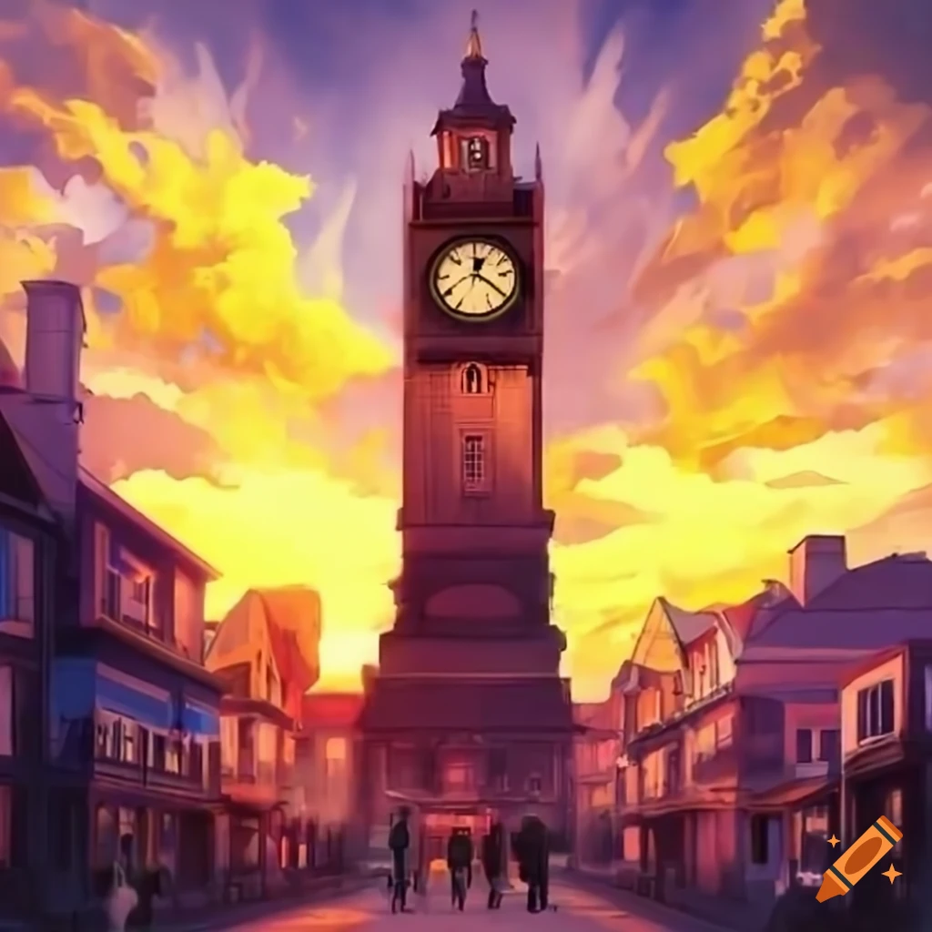 Anime small town with clock tower at sunset in hd resolution on Craiyon