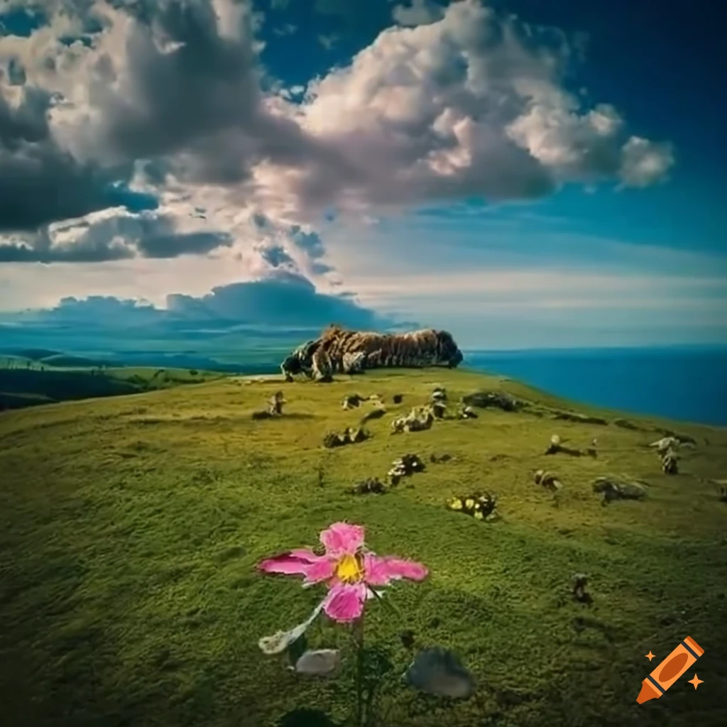 Field with sheep and a basque cross flower growing with molecular base ...