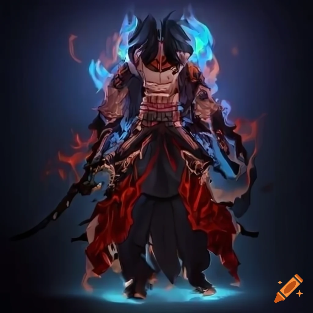Anime demon shaman with fiery black hair and temple-shaped cloth in ...