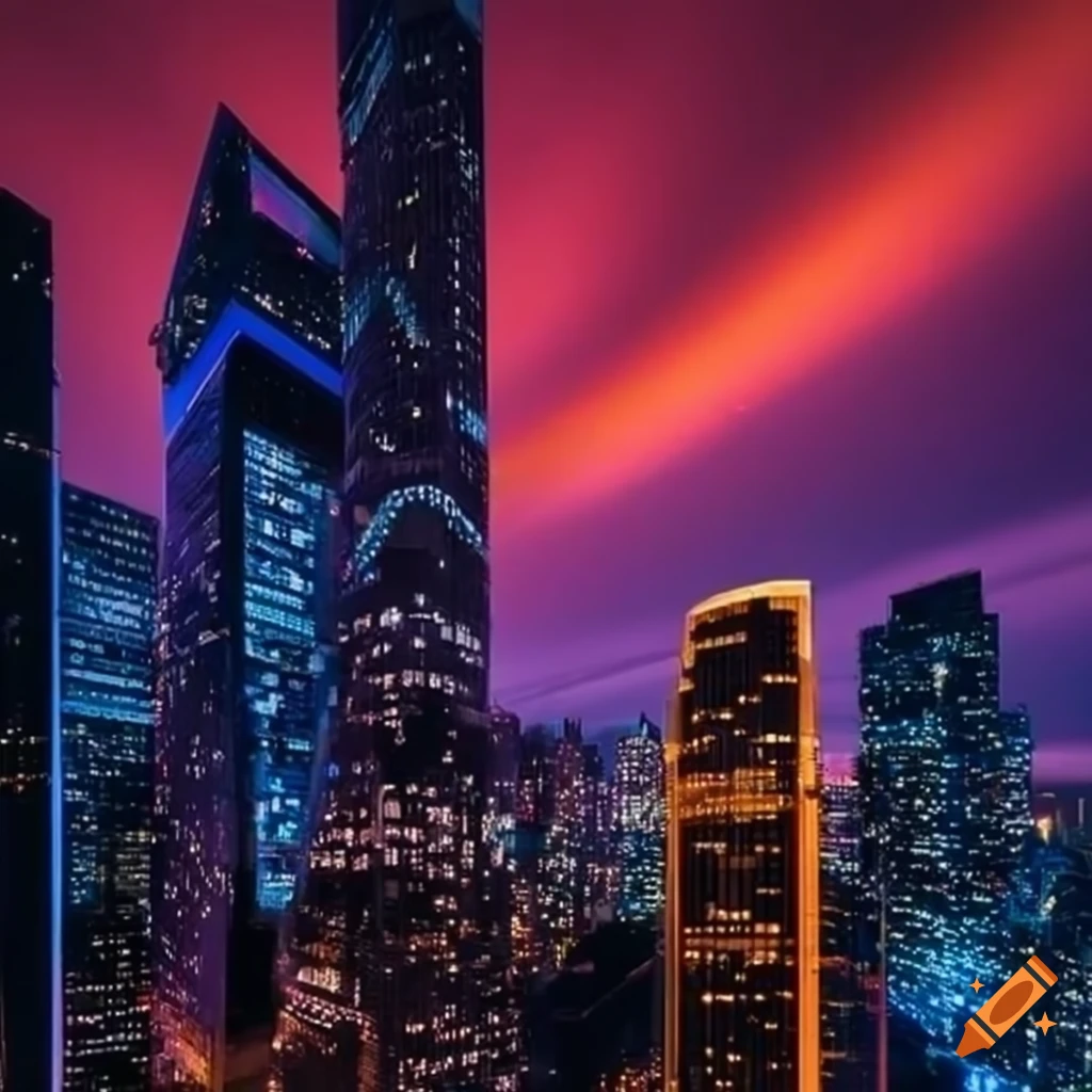 High-tech skyscraper glowing above a modern metropolis with vibrant ...