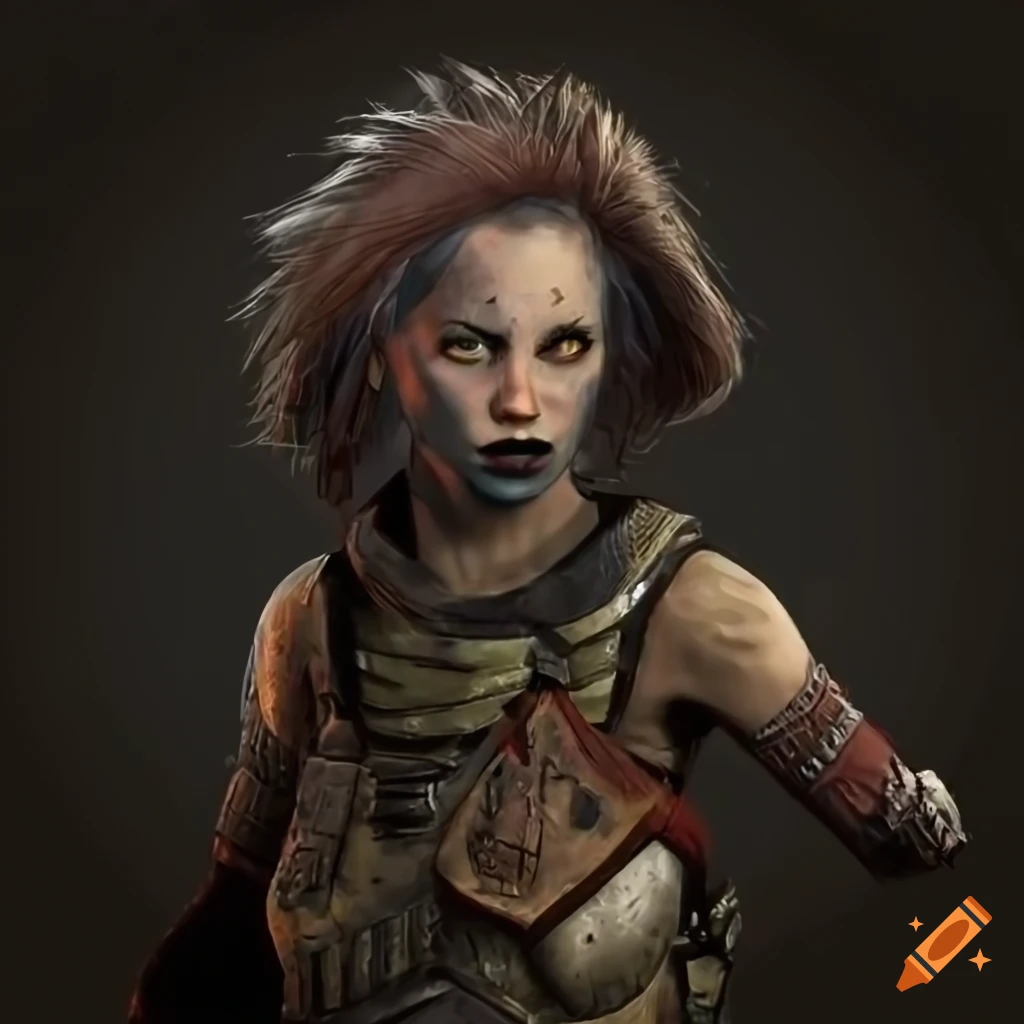 Female character in a post-apocalyptic setting with a tough expression ...