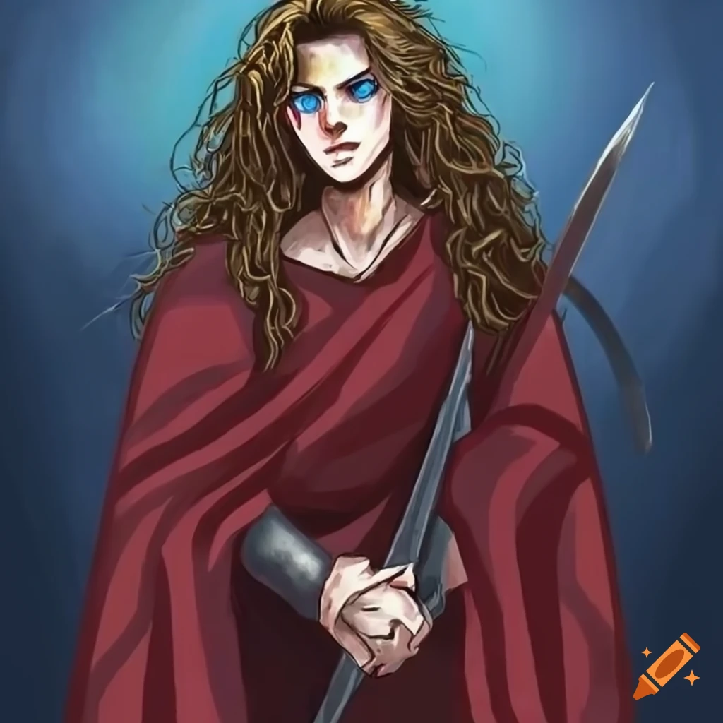 Elegant Dunlending warrior with long wavy hair and blue eyes on Craiyon