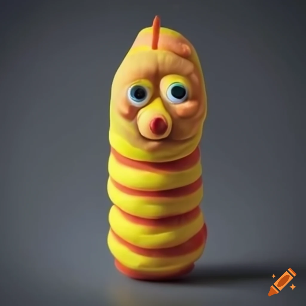 Yellow larva worm with orange stripes and antenna made of plasticine on ...