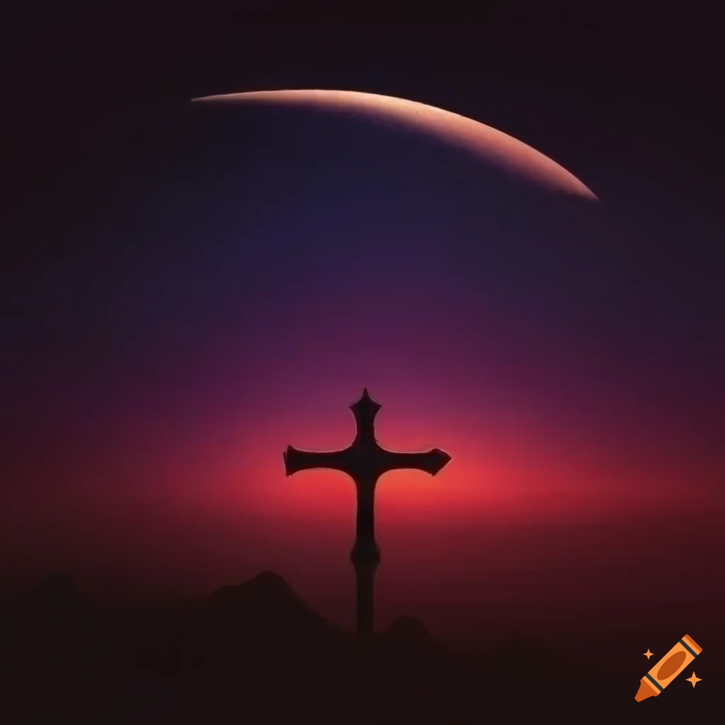 Christian cross and Muslim crescent and star symbols in the sky on Craiyon