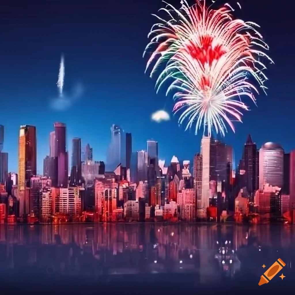 Canada Day fireworks in the shape of a maple leaf over a futuristic ...